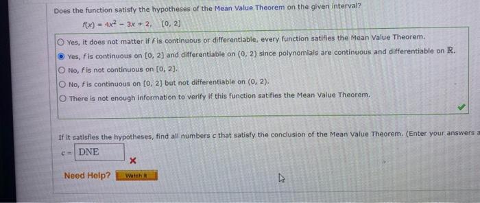 Solved Does the function satisfy the hypotheses of the Mean | Chegg.com