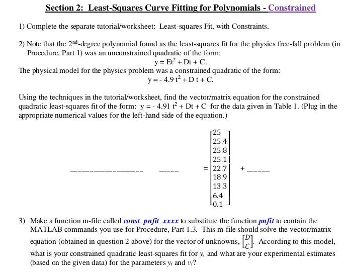 Section 2: Least-Squares Curve Fitting for | Chegg.com