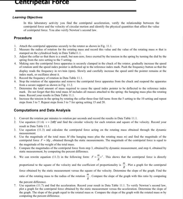 Data Table 1. Centripetal Force Rotating mass | Chegg.com