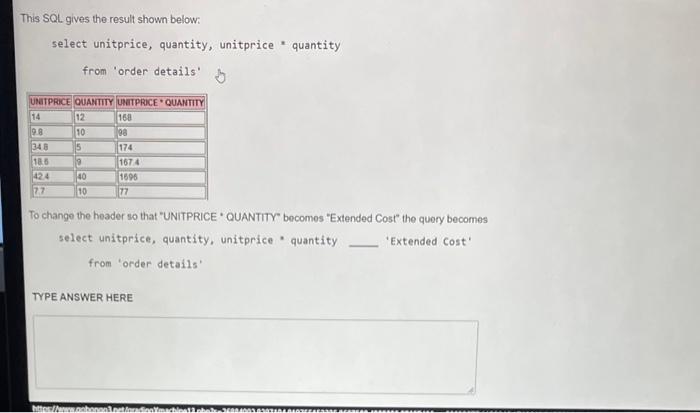 Solved This SQL gives the result shown below: select | Chegg.com