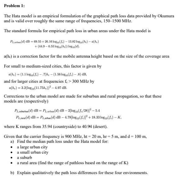 Solved Problem 1: The Hata model is an empirical formulation | Chegg.com