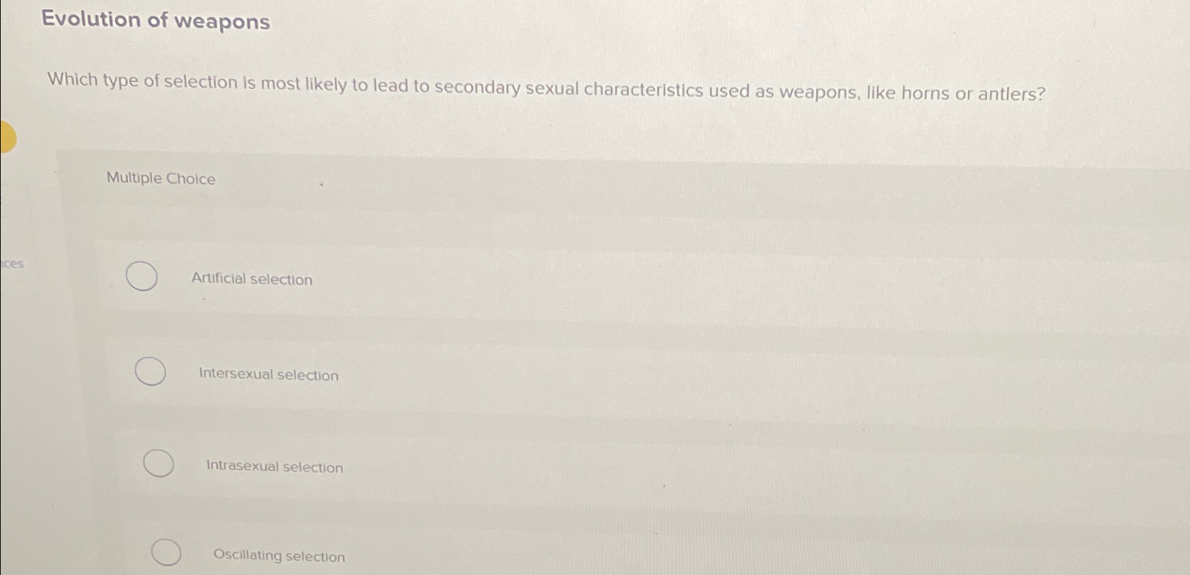 Solved Evolution of weaponsWhich type of selection is most | Chegg.com