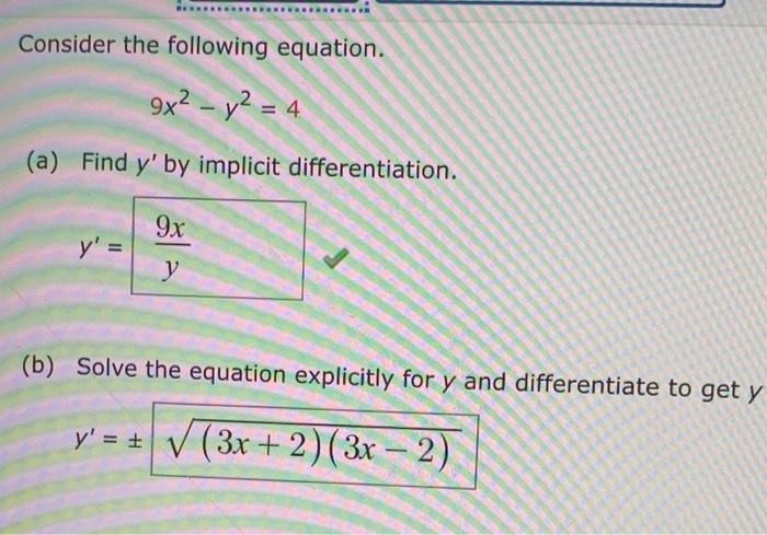 Solved ********* Consider the following equation. 9x² - y² = | Chegg.com