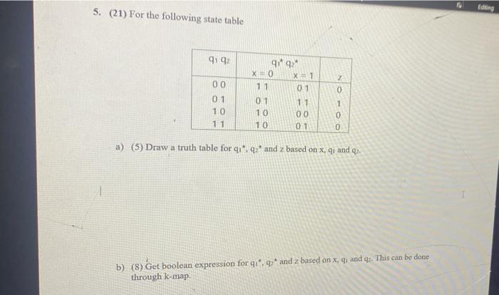 Solved 5. (21) For the following state table a) (5) Draw a | Chegg.com