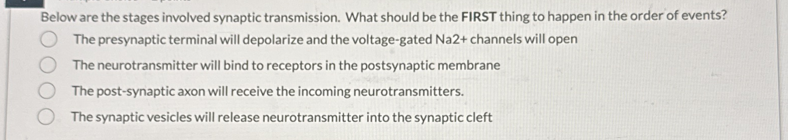 Solved Below are the stages involved synaptic transmission. | Chegg.com