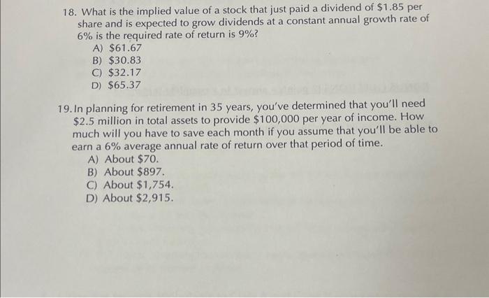 Solved 18. What is the implied value of a stock that just | Chegg.com