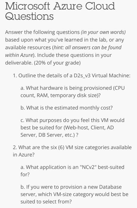 Solved Microsoft Azure Cloud Questions Answer the following | Chegg.com