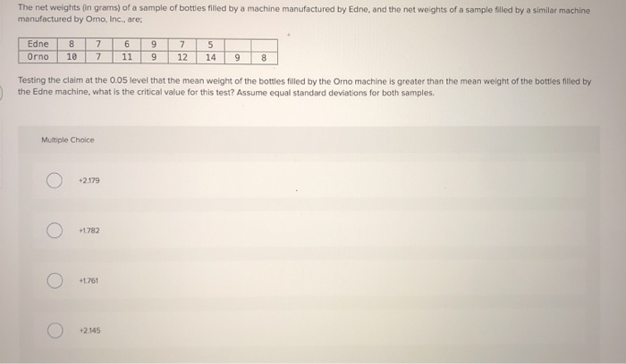 Solved The net weights in grams) of a sample of bottles | Chegg.com