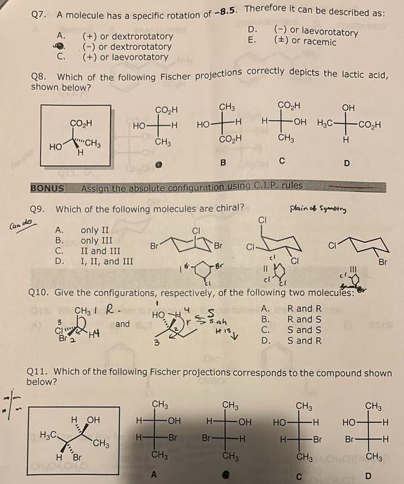 Solved Q7. ﻿A molecule has a specific rotation of -8.5. | Chegg.com