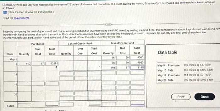 Solved Exercise Gym began May with merchandise inventory of | Chegg.com