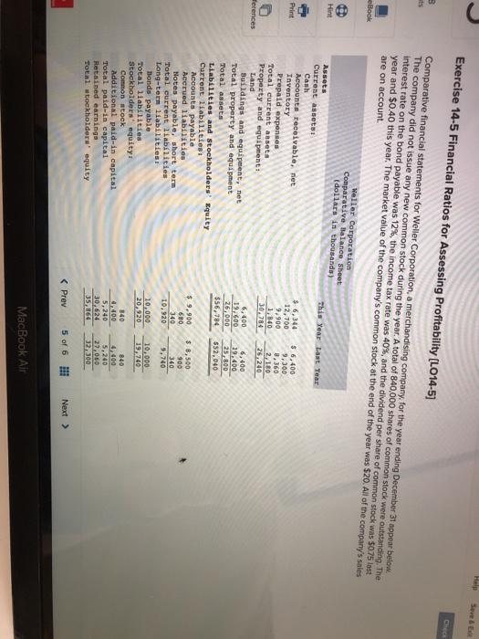 Solved Help Exercise 14-5 Financial Ratios for Assessing | Chegg.com