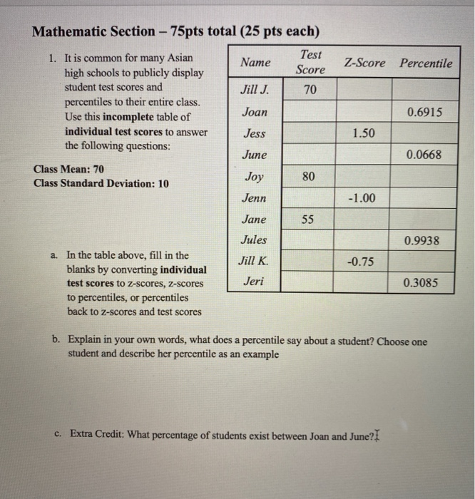 Solved Z-Score Percentile Mathematic Section - 75pts total | Chegg.com