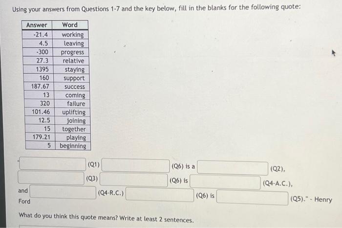 Using your answers from Questions 1.7 and the key | Chegg.com