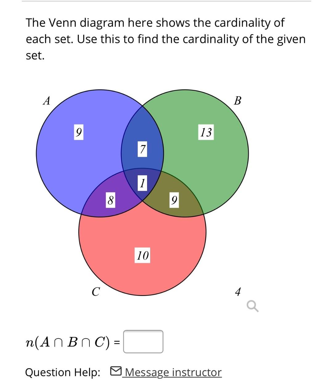 Solved The Venn diagram here shows the cardinality of each | Chegg.com