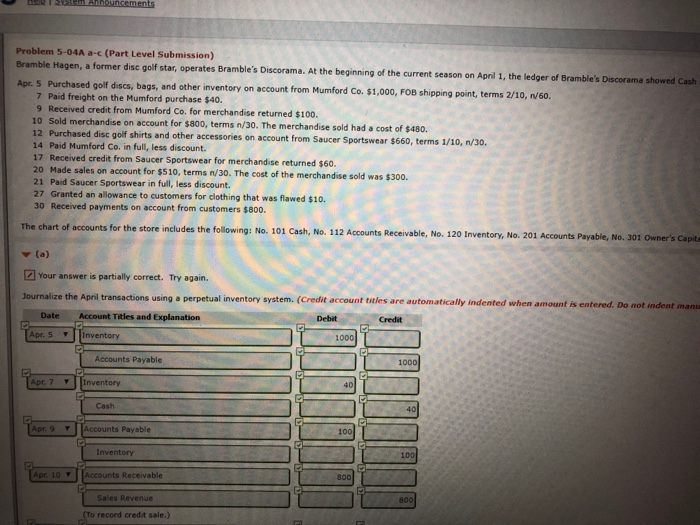 Solved Announcements Problem 5-04A a-c (Part Level | Chegg.com