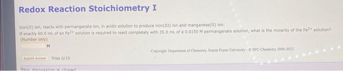 Solved Redox Reaction Stoichiometry I Iron(II) ion, reacts | Chegg.com