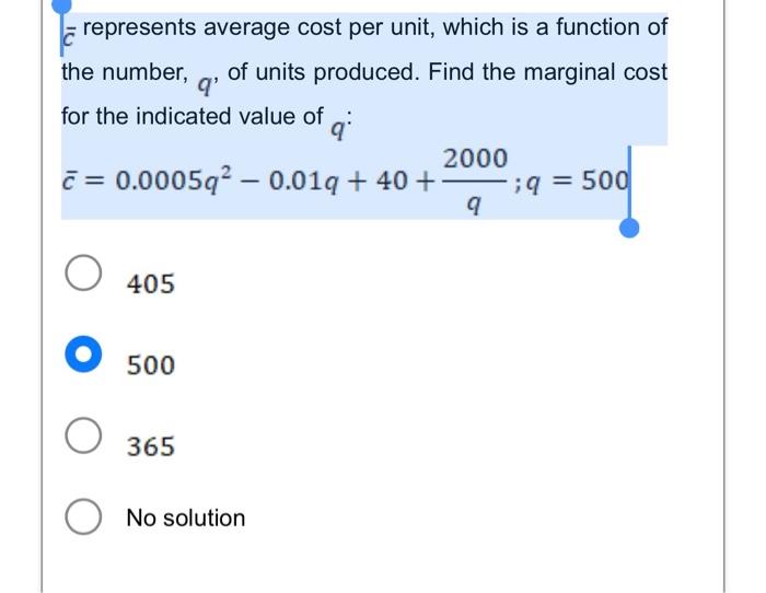Solved cˉ represents average cost per unit, which is a | Chegg.com
