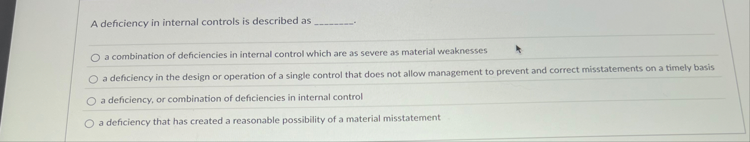 Solved A deficiency in internal controls is described as | Chegg.com
