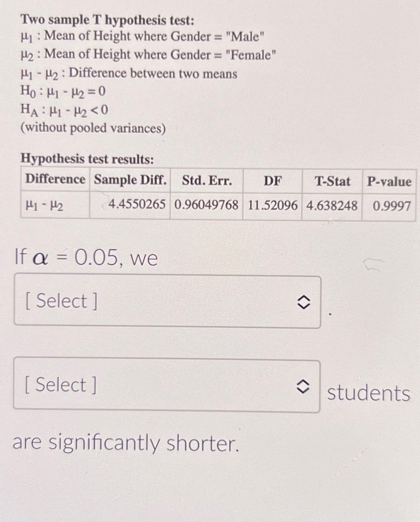 Solved Two sample T hypothesis test:μ1 ﻿: Mean of Height | Chegg.com