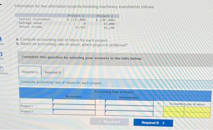Solved Information for two alternative projects involving | Chegg.com