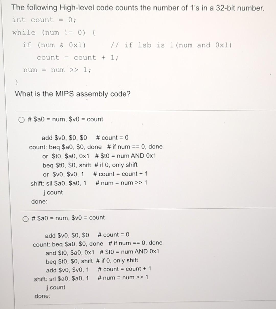 Solved #$a0= num, $v0= count add $v0,$0,$0# count =0 count: | Chegg.com