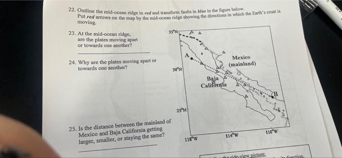 Solved 22. Outline the mid-ocean ridge in red and transform | Chegg.com