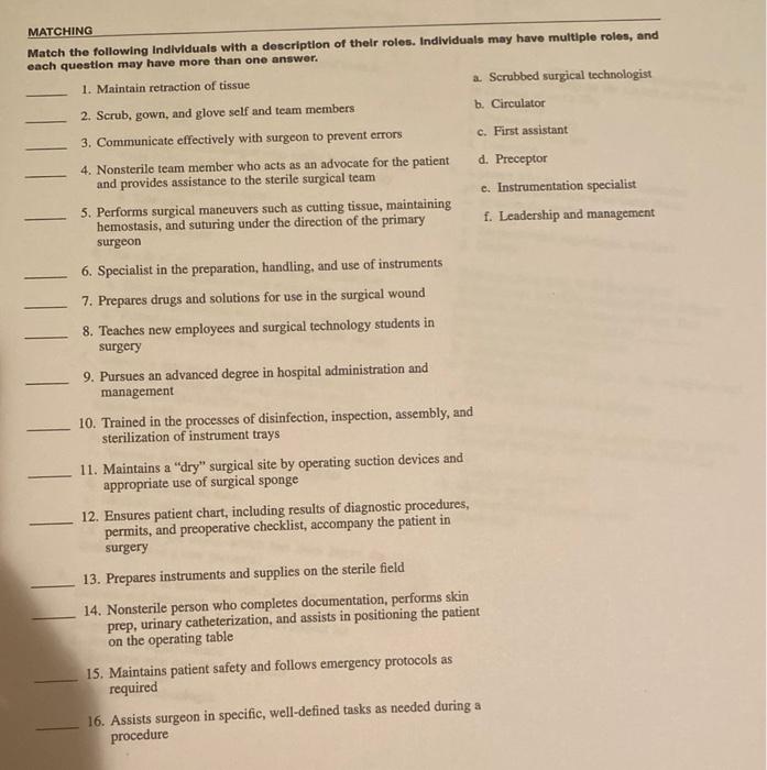 Solved MATCHING Match the following Individuals with a | Chegg.com