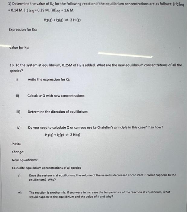 Solved 1) Determine the value of Kc for the following | Chegg.com