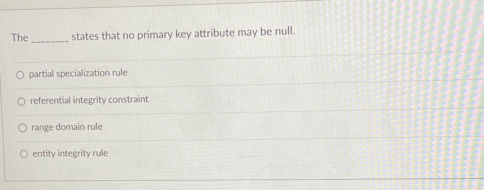 Solved The states that no primary key attribute may be | Chegg.com