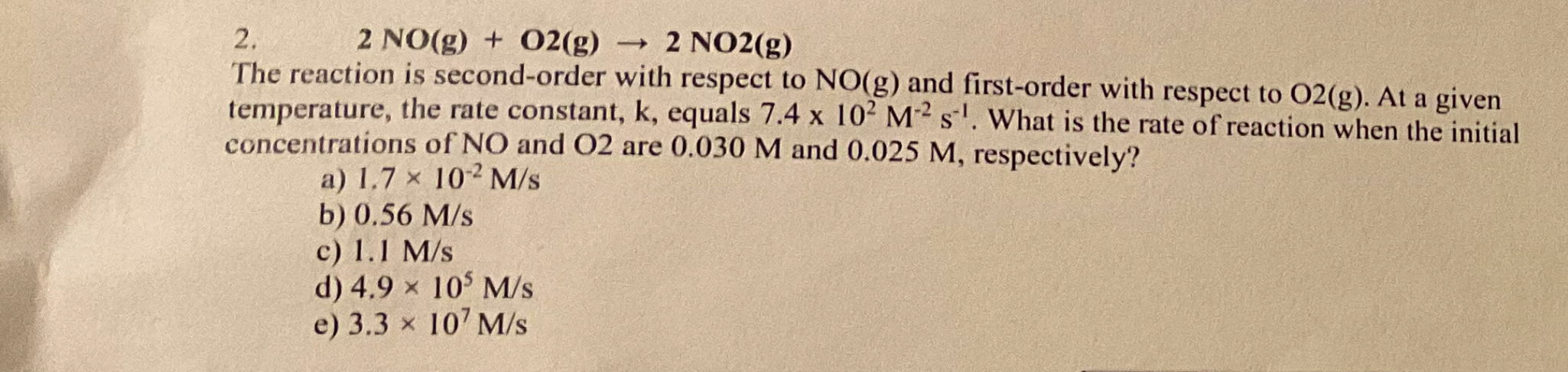 Solved 2NO(g)+O2(g)→2NO2(g)The reaction is second-order with | Chegg.com