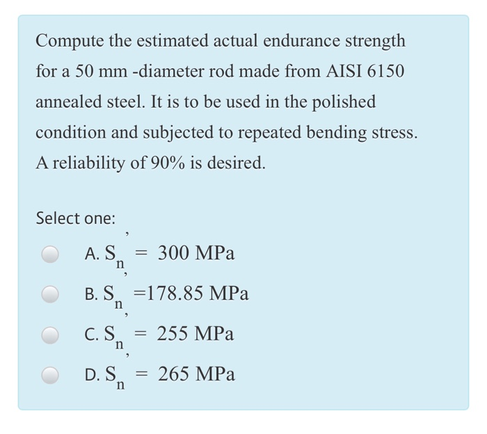 Solved Compute the estimated actual endurance strength for a | Chegg.com