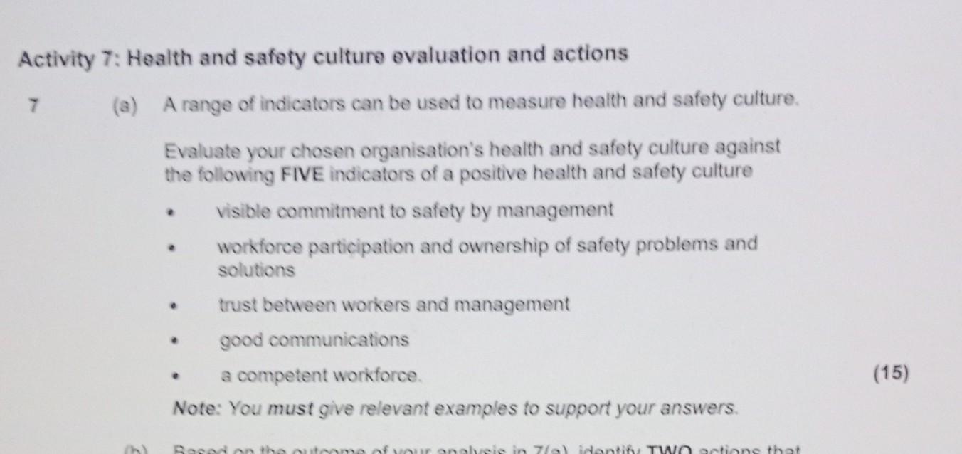 Solved tivity 7: Health and safety culture evaluation and | Chegg.com