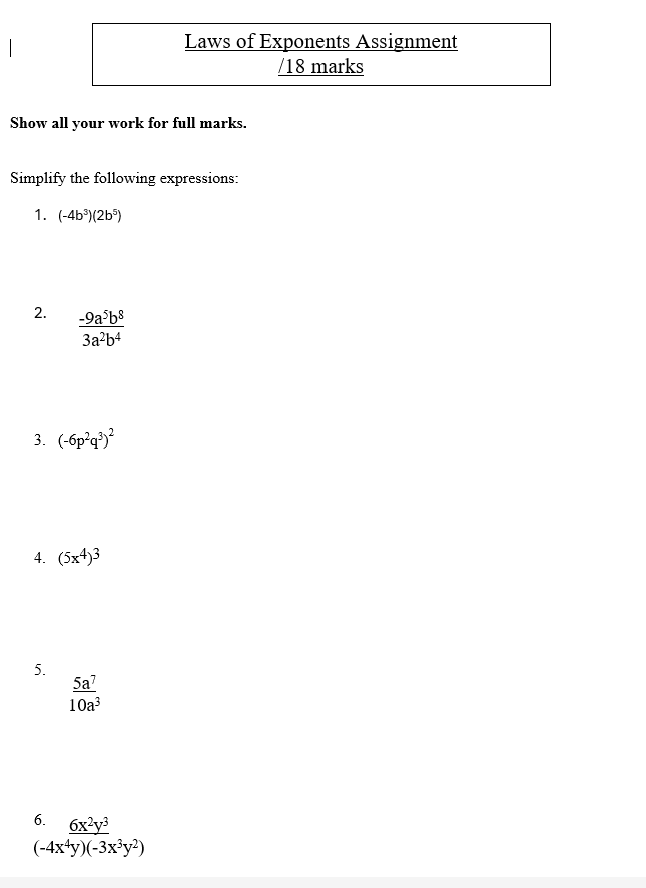 Solved Laws of Exponents Assignment⧸18 ﻿marksShow all your | Chegg.com