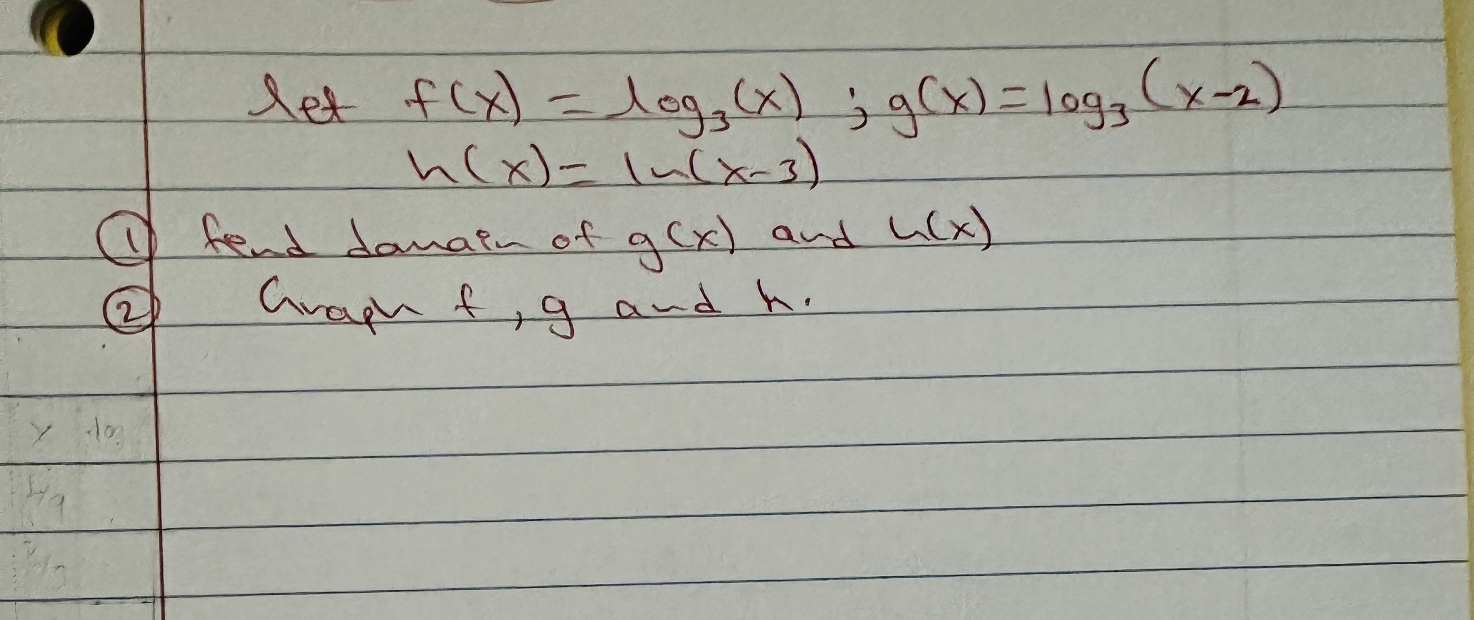 Solved ]=log3(x);g(x)=[log3(x-2)(1) ﻿fend domain of g(x) | Chegg.com