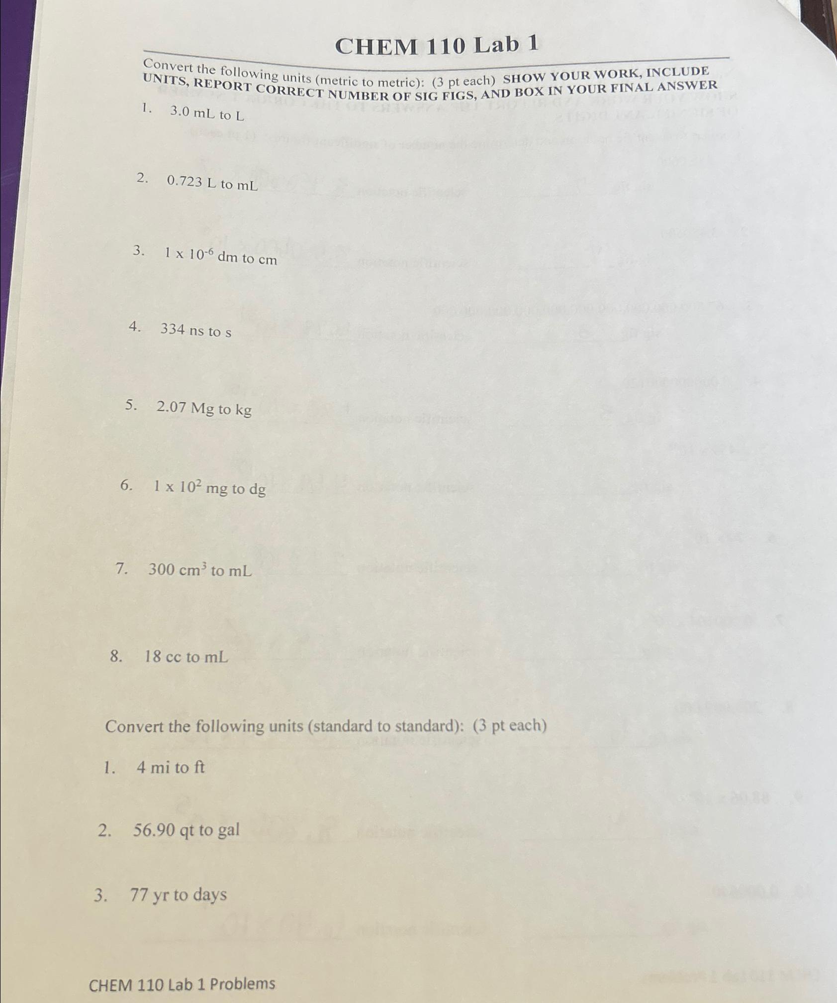 Solved CHEM 110 ﻿Lab 1Convert the following units (metric to | Chegg.com