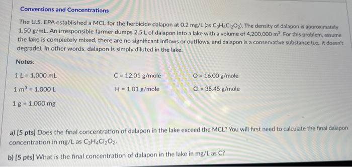 Solved The U.S. EPA established a MCL for the herbicide | Chegg.com