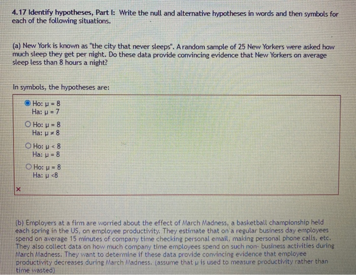 Solved 4.17 Identify hypotheses, Part I: Write the null and | Chegg.com