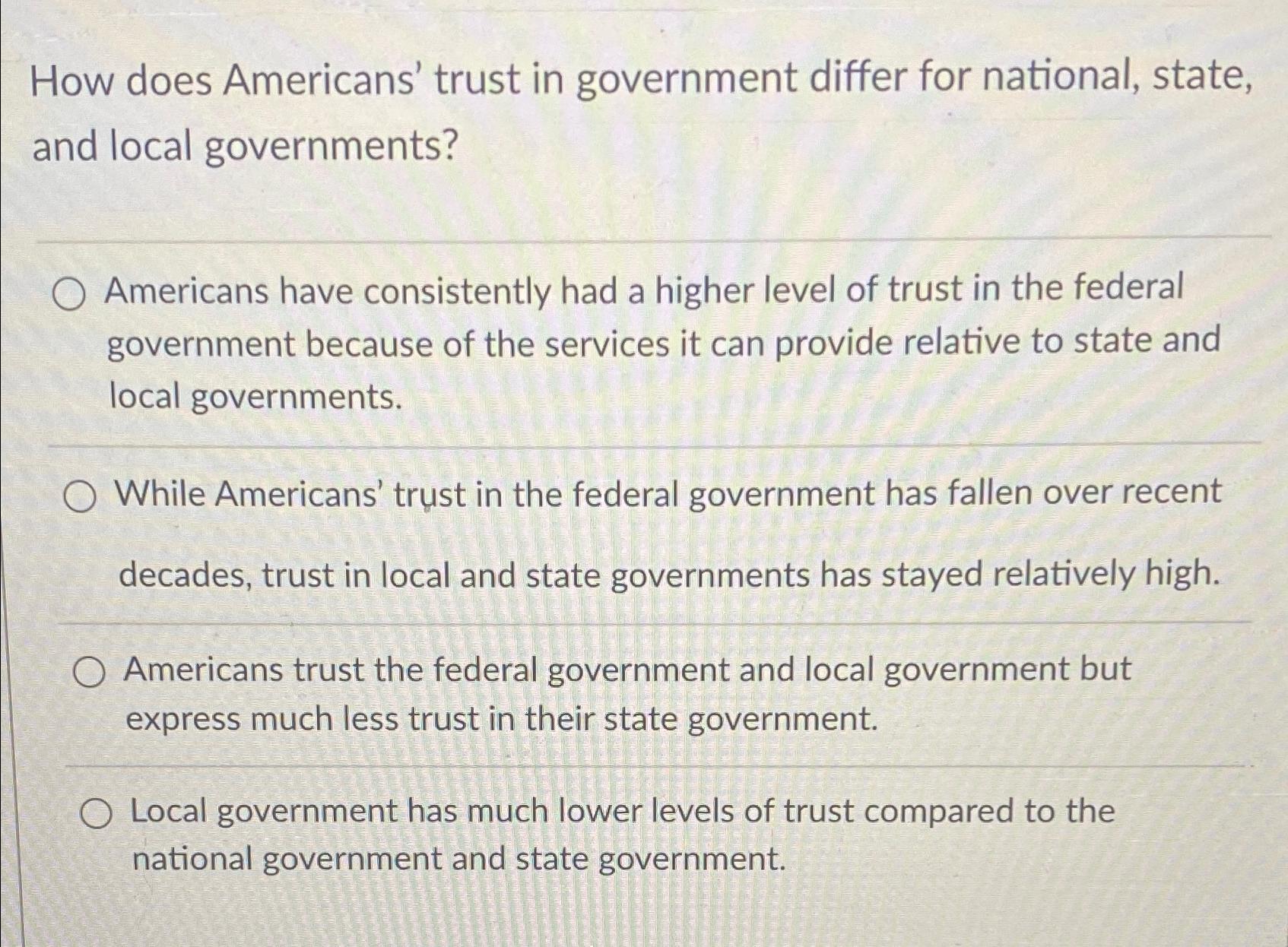 Solved How does Americans' trust in government differ for | Chegg.com