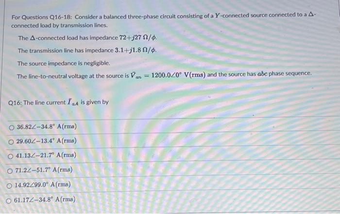 Solved For Questions Q16-18: Consider a balanced three-phase | Chegg.com