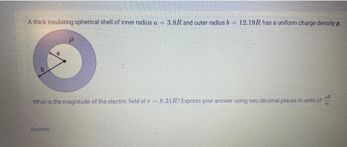 Solved A thick insulating spherical shell of inner radius | Chegg.com