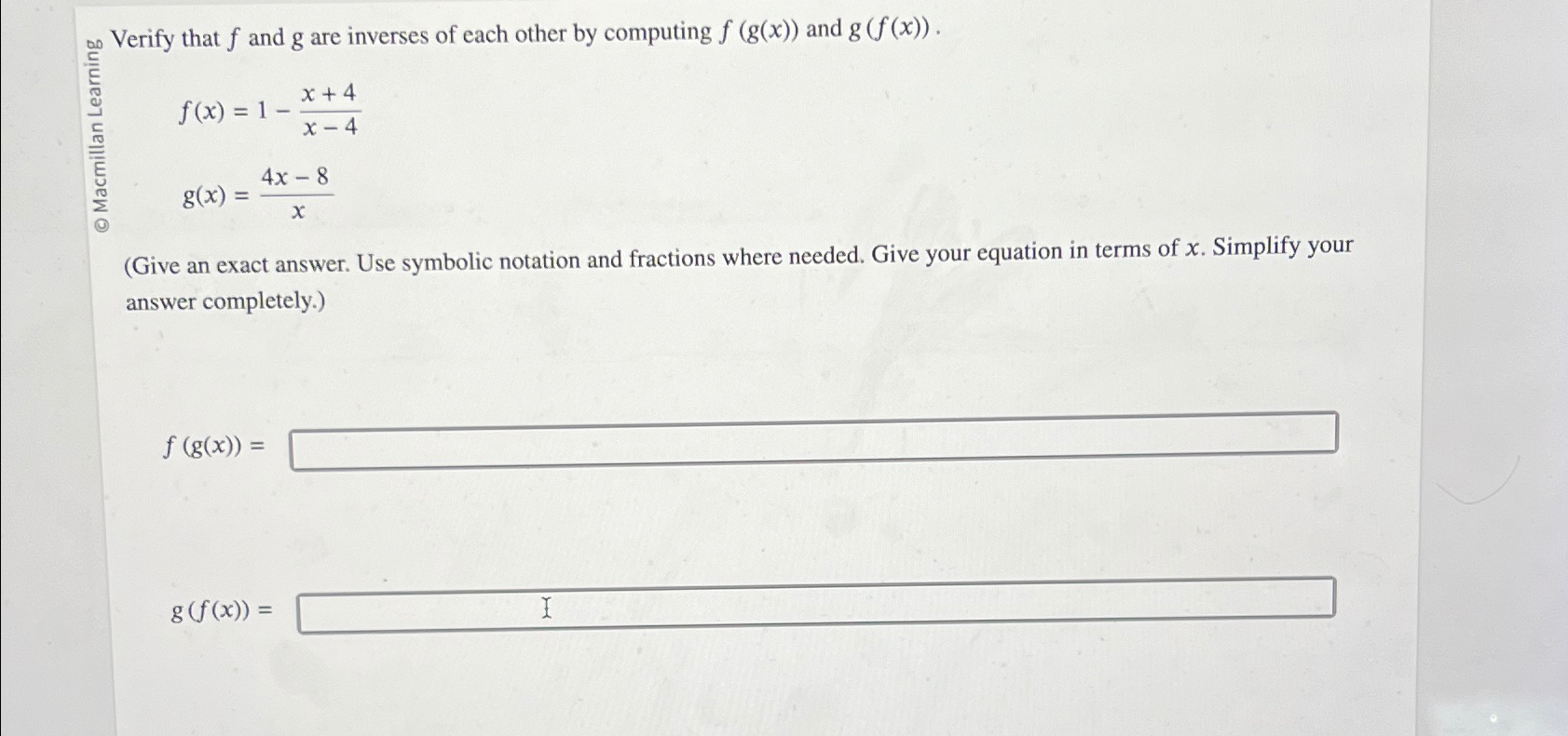 Solved ?c∞ ﻿Verify that f ﻿and g ﻿are inverses of each other | Chegg.com