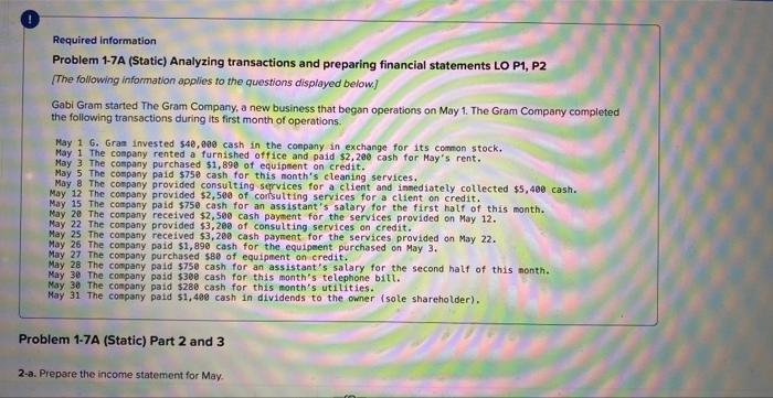 Solved Required information Problem 1-7A (Static) Analyzing | Chegg.com