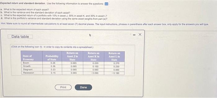 Solved Expected refurn and standard deviation. Use the | Chegg.com