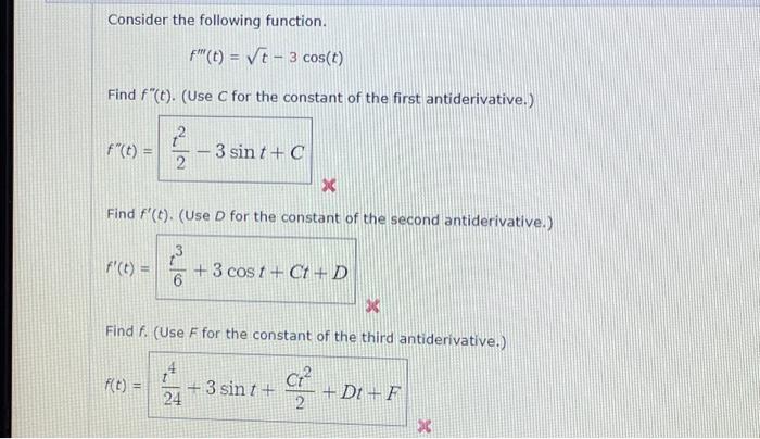 Solved Consider the following function. f""(t)=√t- 3 cos(t) | Chegg.com