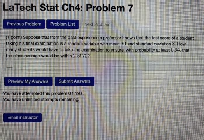 Solved LaTech Stat Ch4: Problem 7 Previous Problem Problem | Chegg.com
