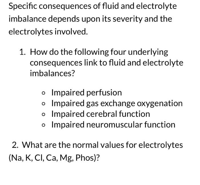 Solved Specific consequences of fluid and electrolyte | Chegg.com