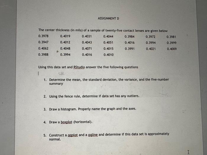 Solved ASSIGNMENT D The center thickness (in mils) of a | Chegg.com