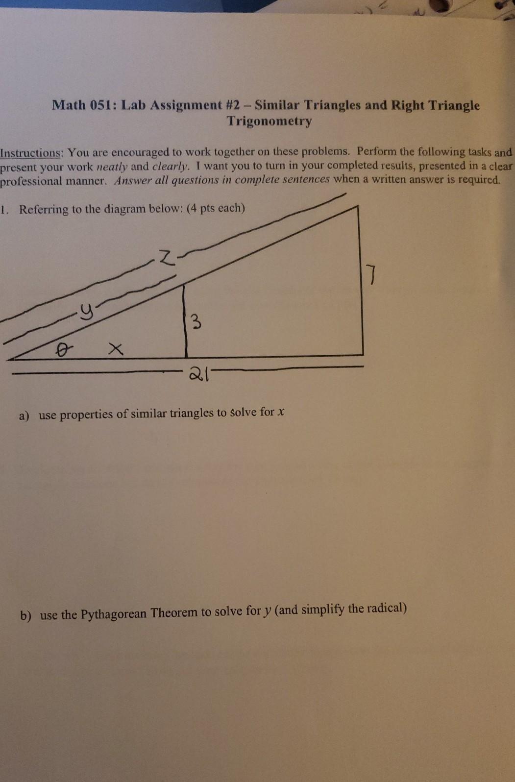 Solved Math 051: Lab Assignment #2 - Similar Triangles and | Chegg.com