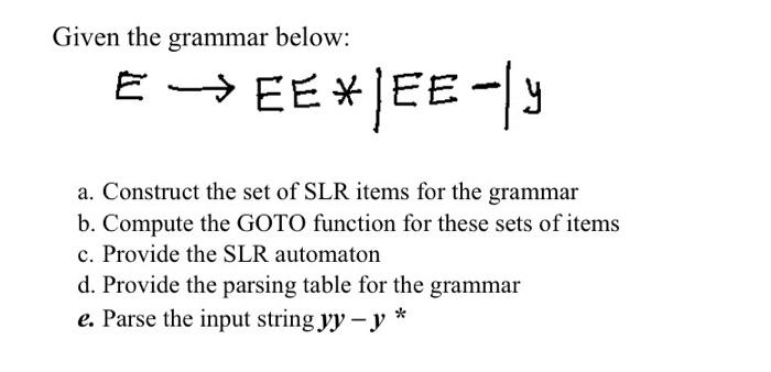 Solved Given the grammar below: E→EE∗∣EE−∣y a. Construct the | Chegg.com