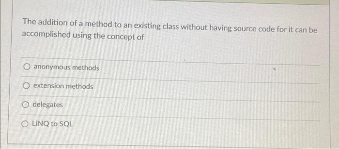 Solved The addition of a method to an existing class without | Chegg.com